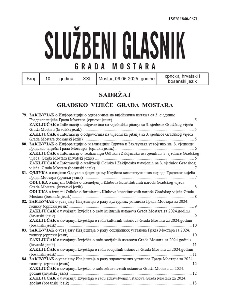 Sluzbeni Glasnik Grada Mostara Broj 10-2025 | PDF