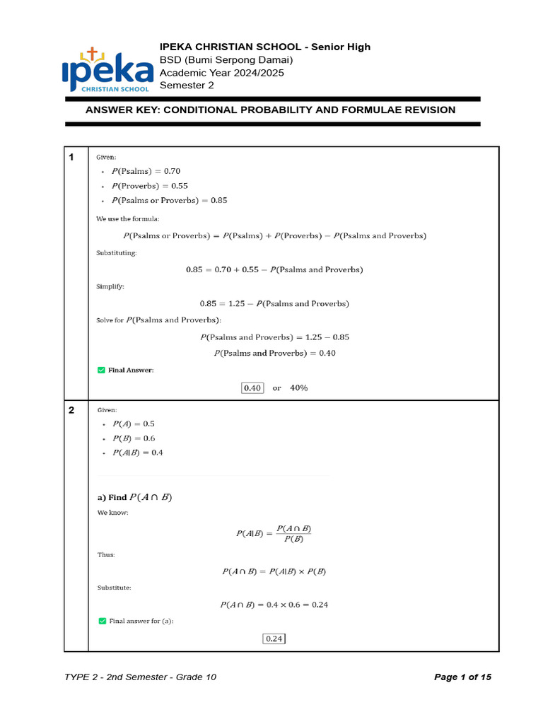 S1 - Answer Keys Revision - Conditional Probability | PDF