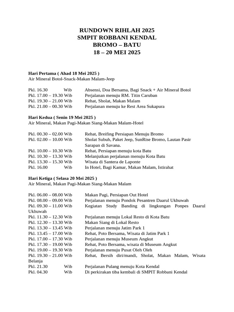 Rundown Rihlah SMPIT Robbani 2025 | PDF