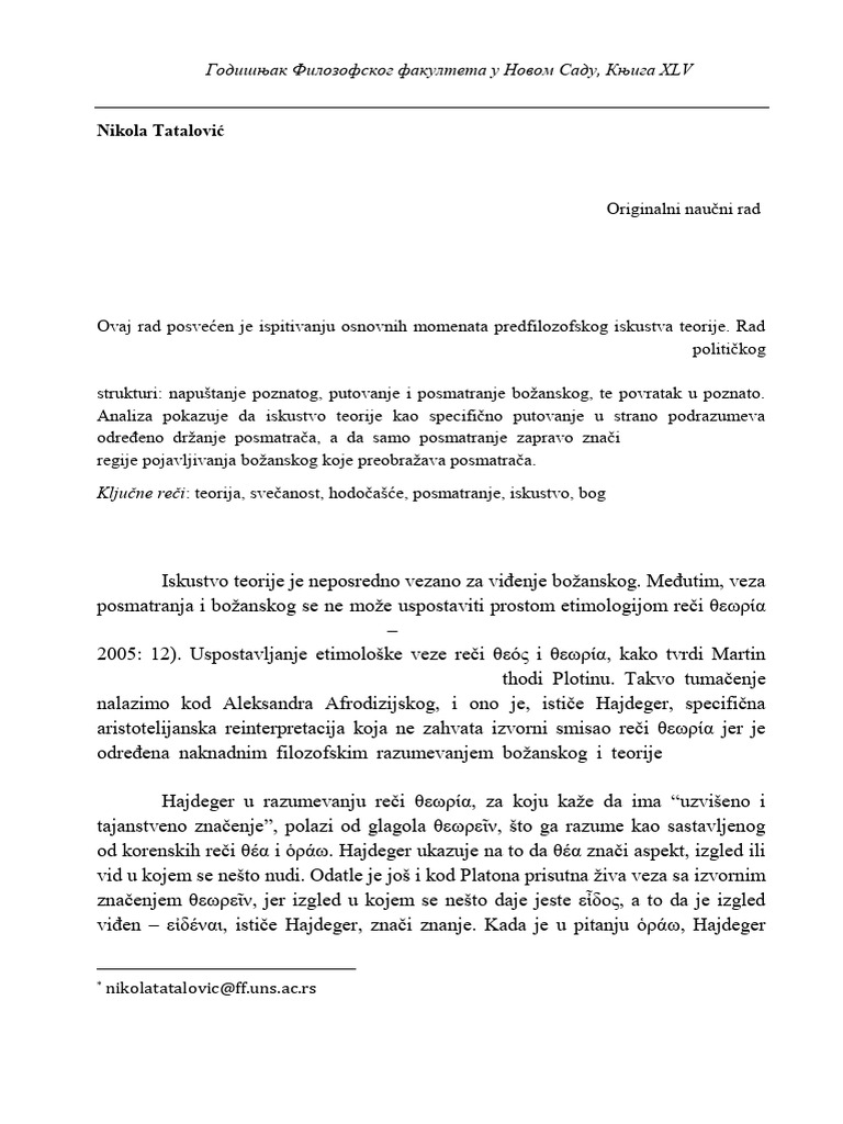 Osnovne Crte Predfilozofskog Iskustva Teorije: Nikola Tatalović | PDF
