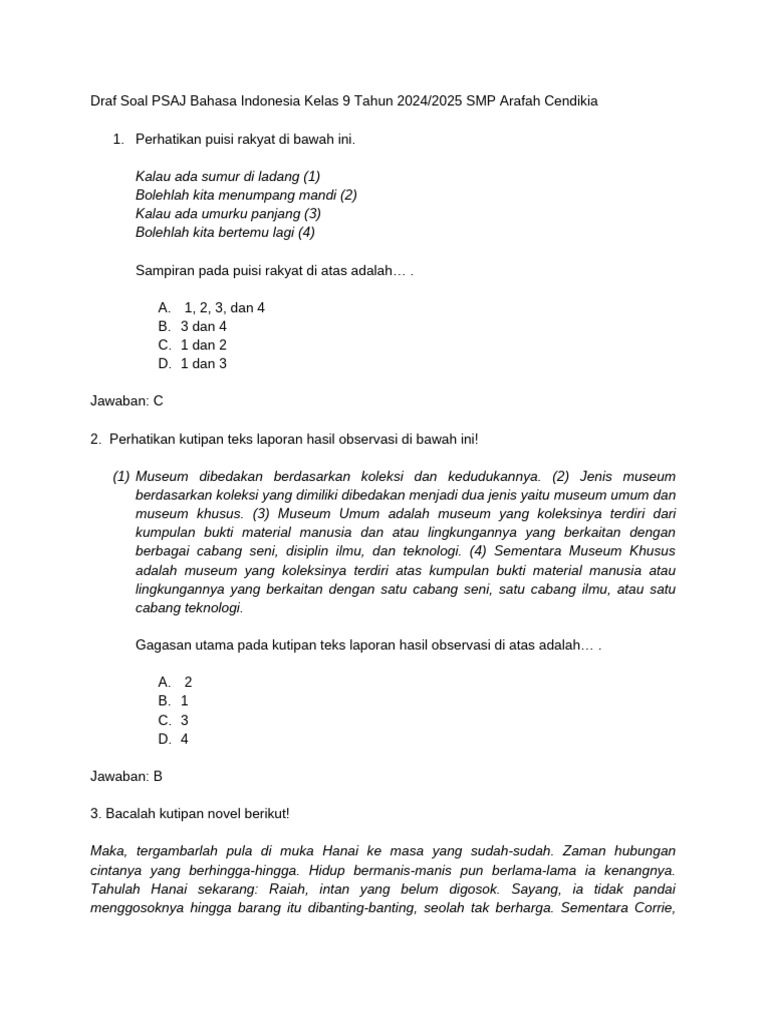 Draf Soal PSAJ Bahasa Indonesia Kelas 9 Tahun 2024-2025 SMP Arafah Cendikia | PDF