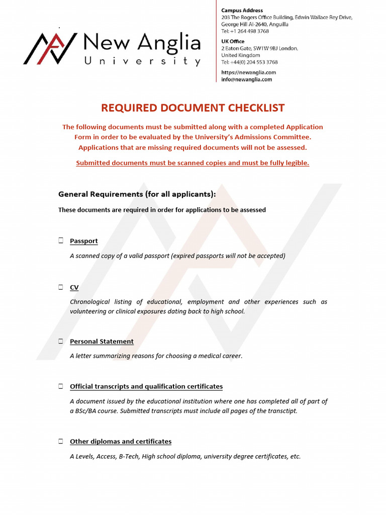 New Anglia - Document Checklist | PDF