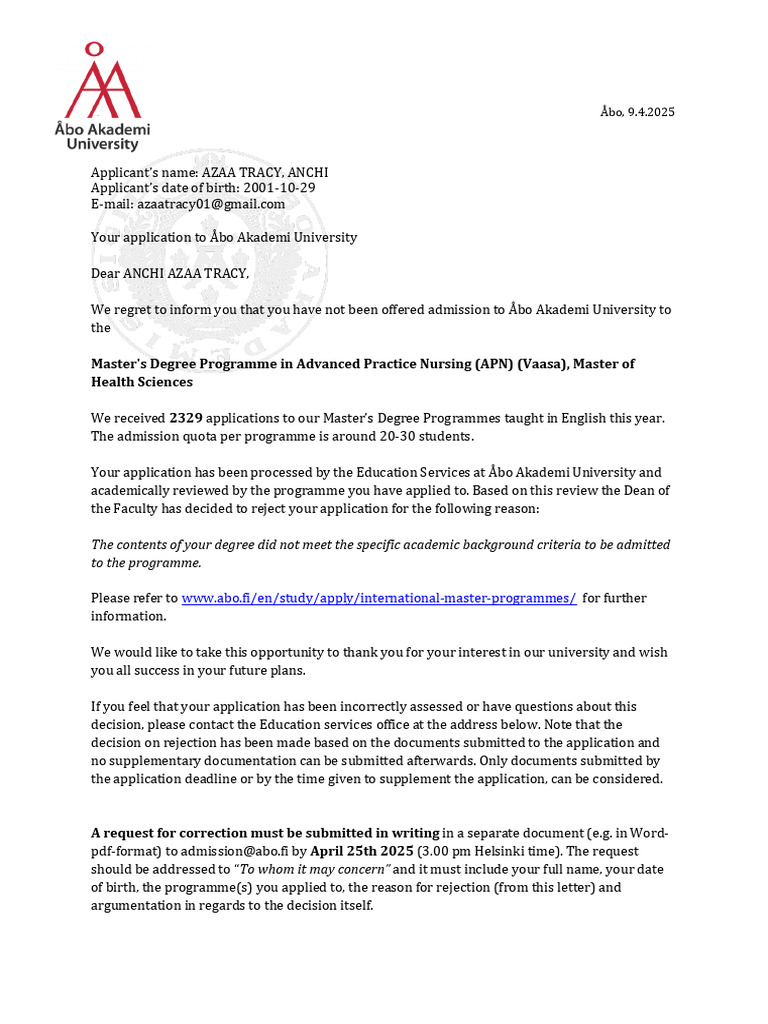Admission Rejection Notice for APN Program | PDF