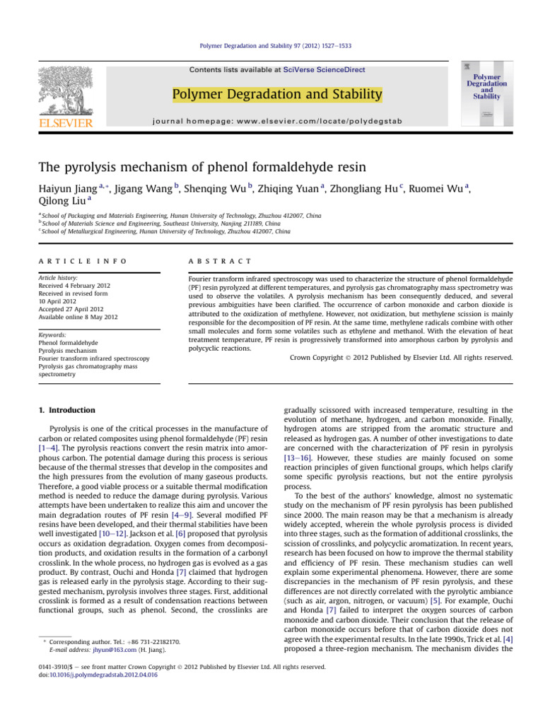 The Pyrolysis Mechanism of Phenol Formaldehyde Resin | PDF | Pyrolysis ...
