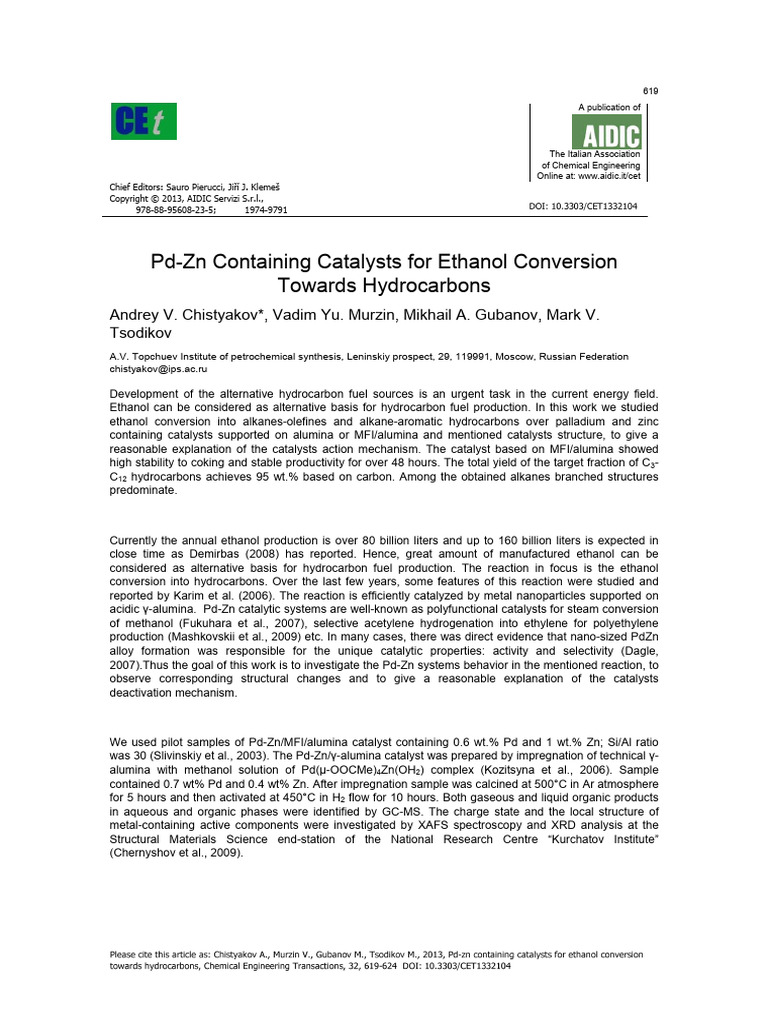 PD-ZN Containing Catalysts For Ethanol Conversion Towards Hydrocarbons | PDF | Catalysis | Palladium