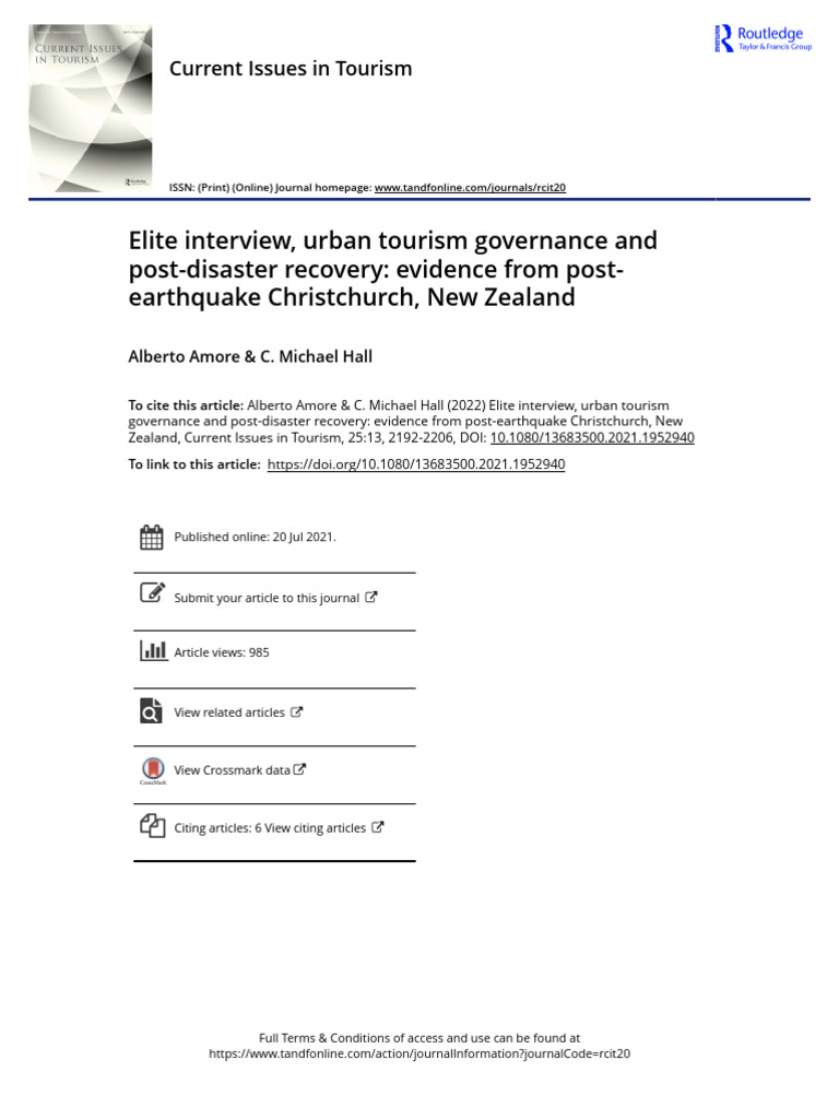 Elite Interview Urban Tourism Governance and Post-Disaster Recovery ...