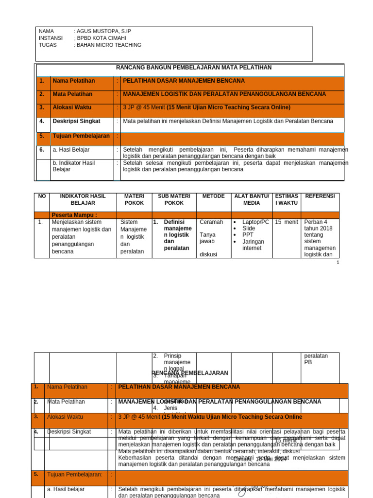 Penyusun Agus Mustopa BPBD Kota Cimahi Tugas Pembuatan RBPMP Dan RP Micro Teaching Tot DMB ...