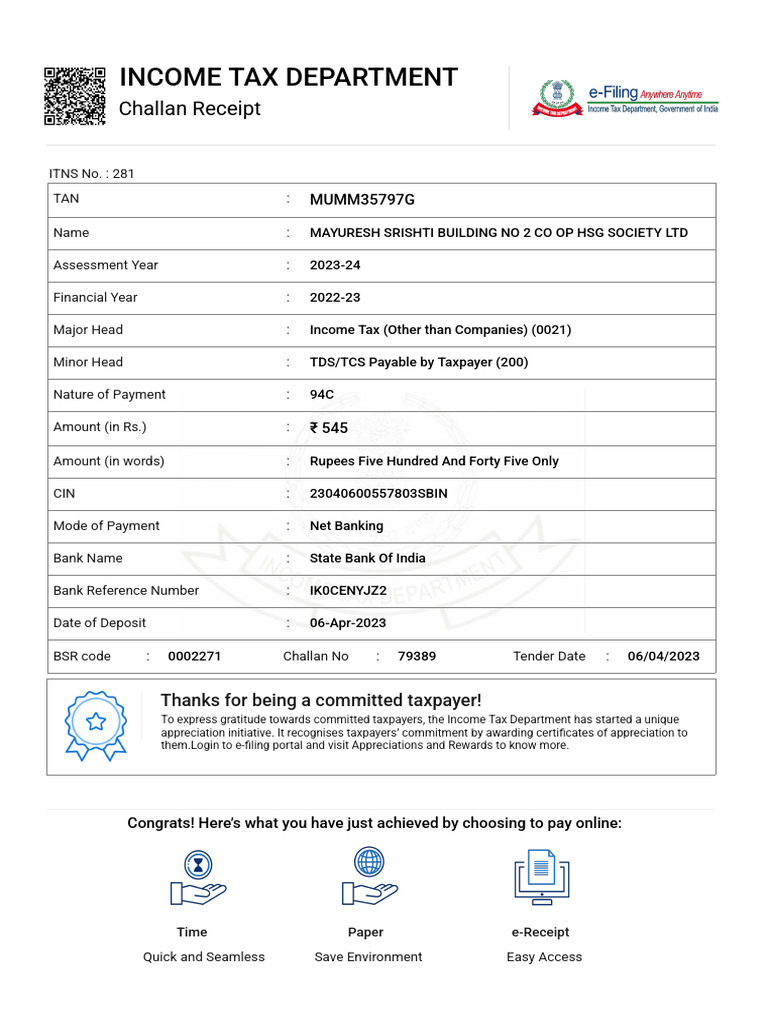 Income Tax Payment Receipt for Mayuresh Srishti | PDF