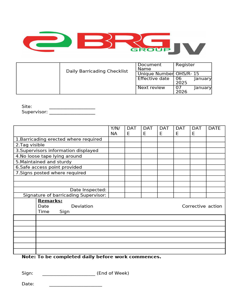Daily Barricading Checklist | PDF