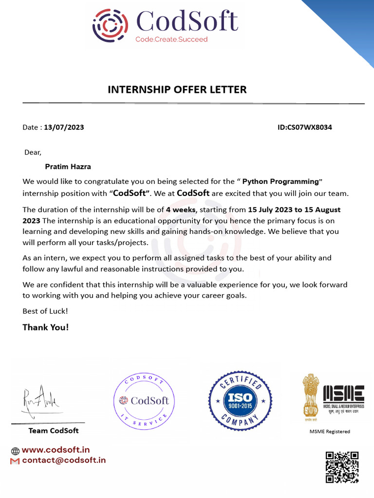 Codesoft Internship Offer Letter | PDF