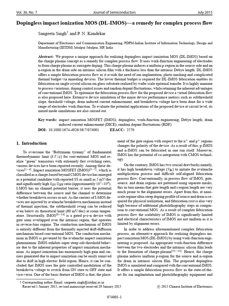 Dopingless Impact Ionization MOS (DL-IMOS) - A Remedy For Complex Process Flow | PDF | Mosfet ...