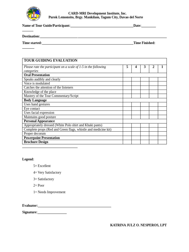 Rubrics For Tour Guiding | PDF