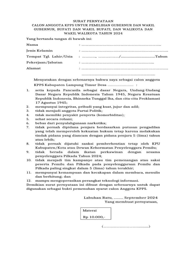 Surat Pernyataan KPPS | PDF
