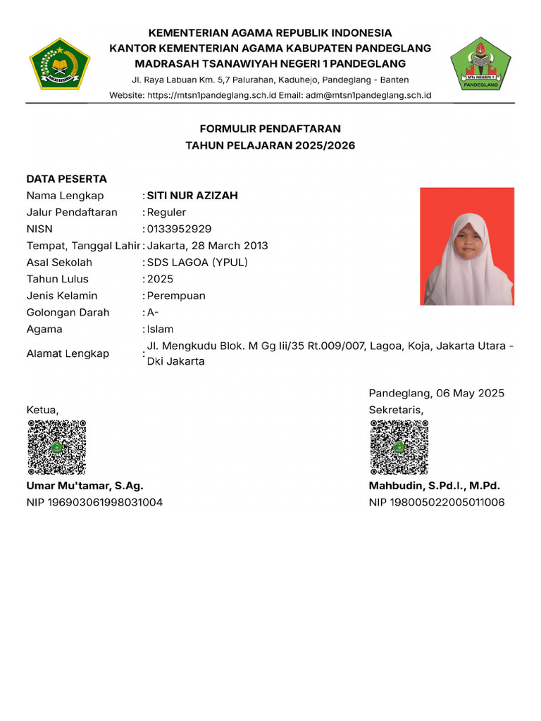 Formulir Siti Nur Azizah 0133952929 | PDF