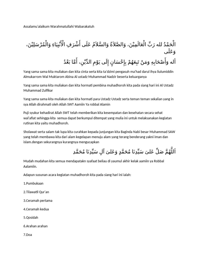 Teks MC Muhadhoroh Santri Siang | PDF