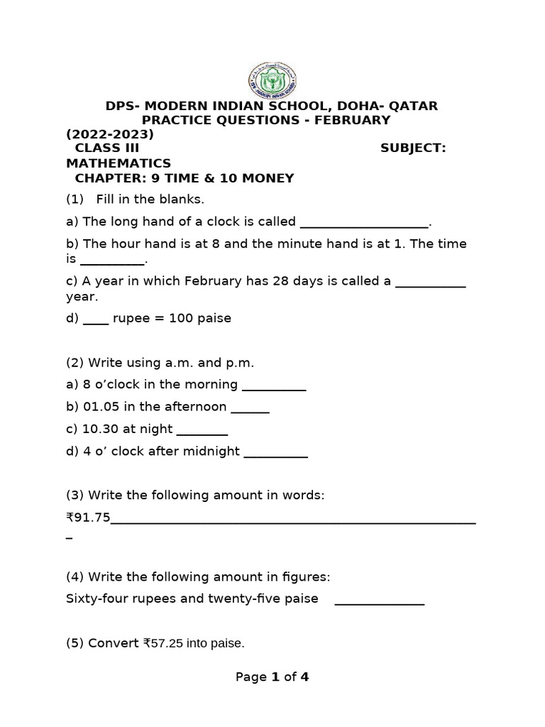 February Practice Worksheet - Time and Money - Question Bank | PDF