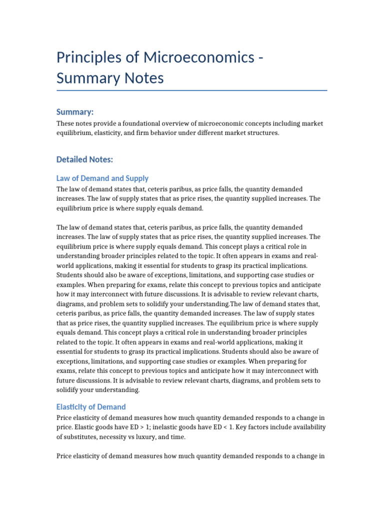 Microeconomics Summary Notes Guide | PDF | Elasticity (Economics) | Demand