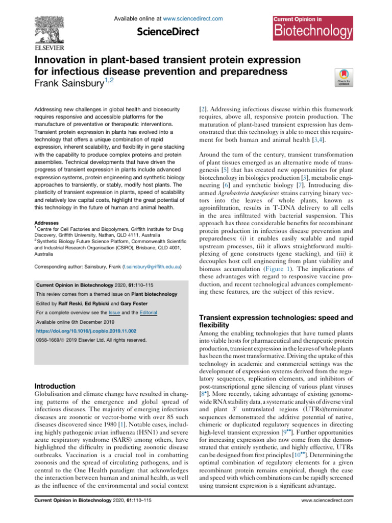 Innovation in Plant Based Transient Protein Expression 2020 Current ...