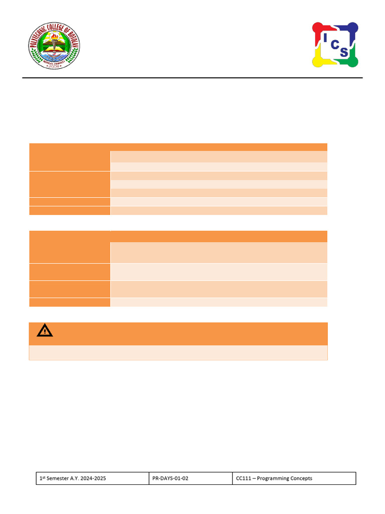 CC111 - ComputerProgramming1 - PRELIM - DAY 1 To 2 | PDF | Programming Language | Programming