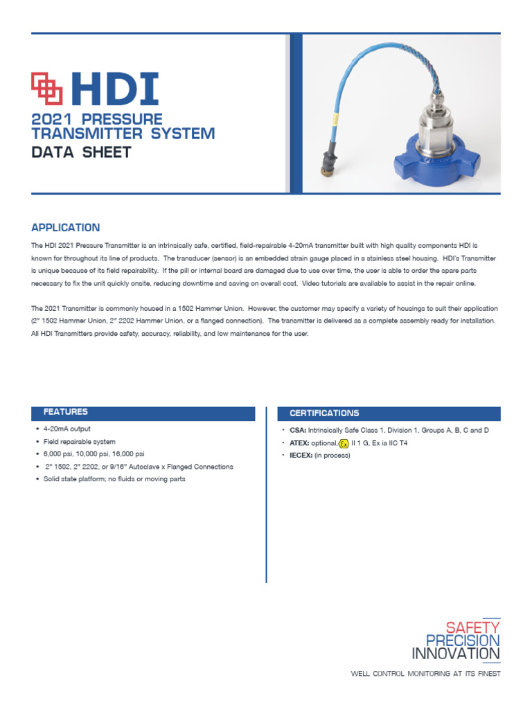 HDI 2021 Pressure Transmitter Data Sheet | PDF | Pressure Measurement ...