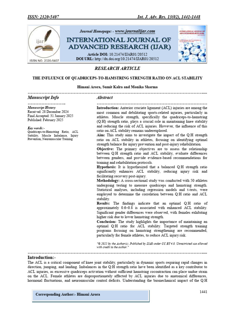 The Influence of Quadriceps-To-Hamstring Strength Ratio On Acl ...