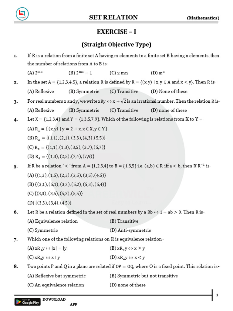 Relation_Exercise_1 To 4 | PDF | Mathematics | Mathematical Concepts