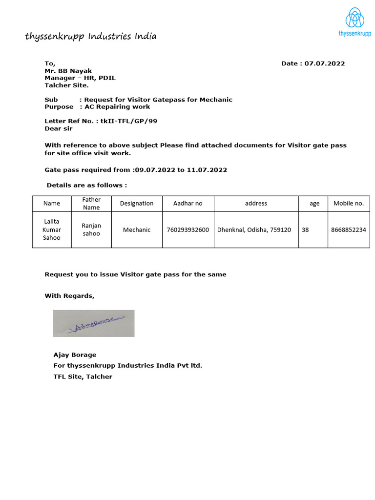 Ac Repairing Mechanic - Visitor Gatepass Request Ltr. 99 | PDF