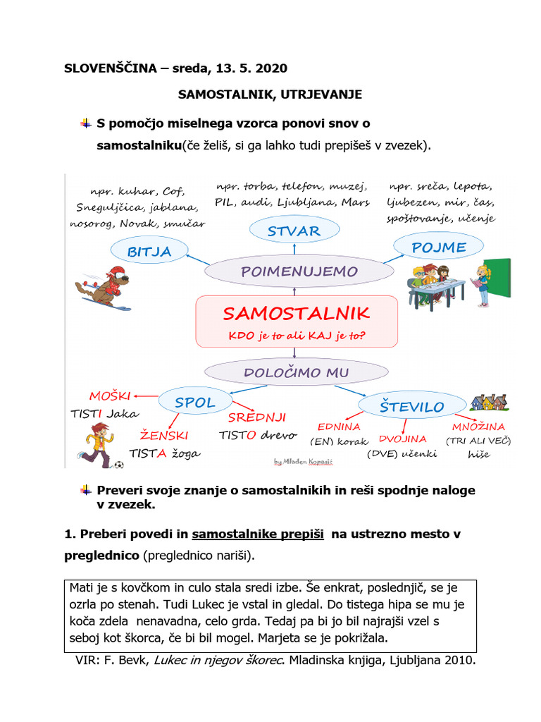 SLJ 5. B Samostalnik Utrjevanje | PDF