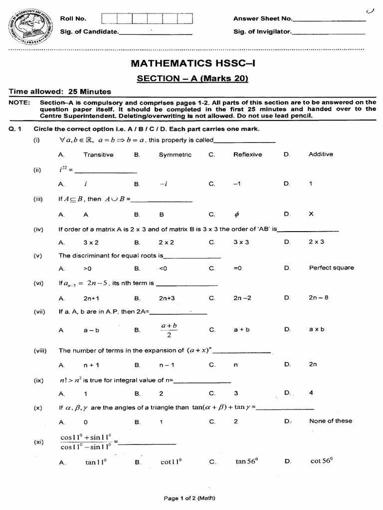 Mathematics HSSC I Annual 2014 Fbise | PDF