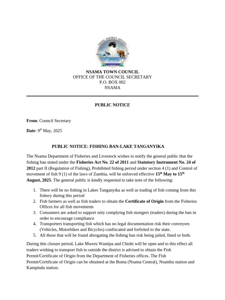 Fishing Ban Notice for Lake Tanganyika | PDF