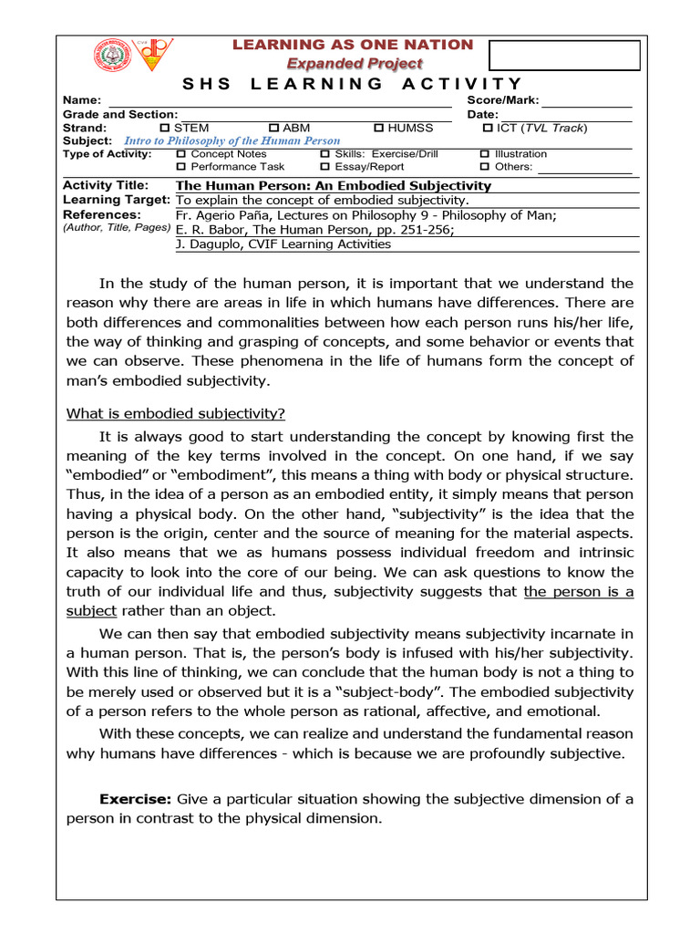 Intro to Philo LAS 8 Human Person An Embodied Subjectivity (1) | PDF | Concept | Reason