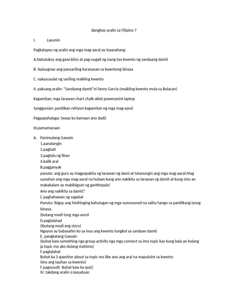 Banghay Aralin Sa Filipino 7 | PDF
