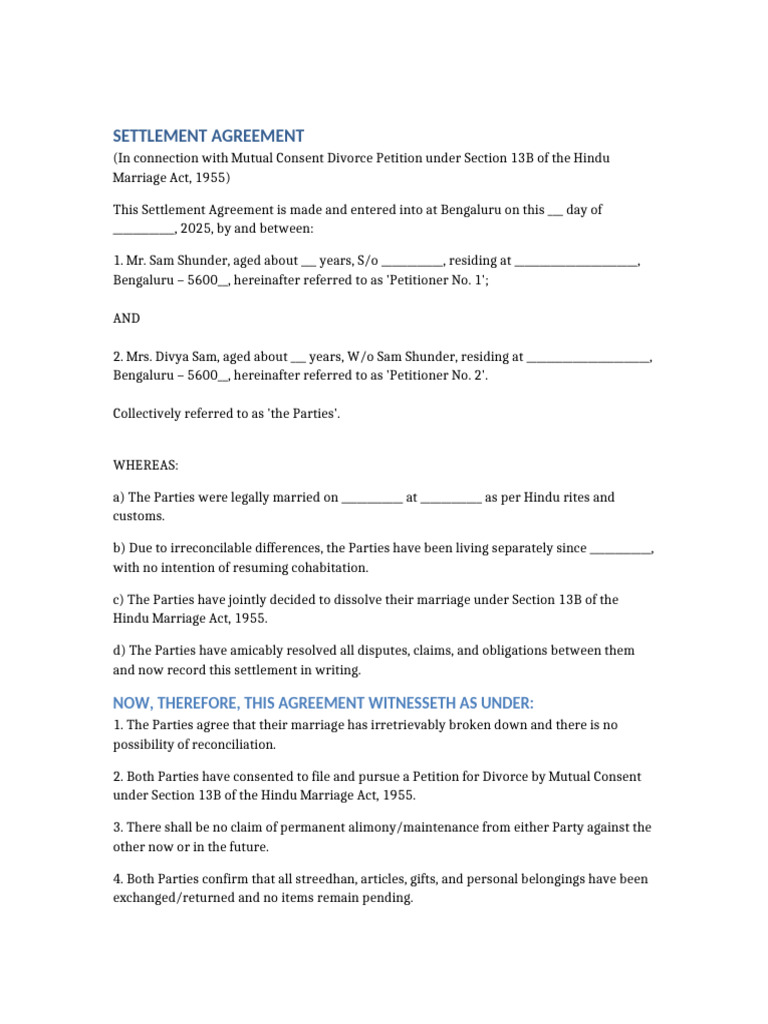 Settlement Agreement Mutual Consent Divorce | PDF