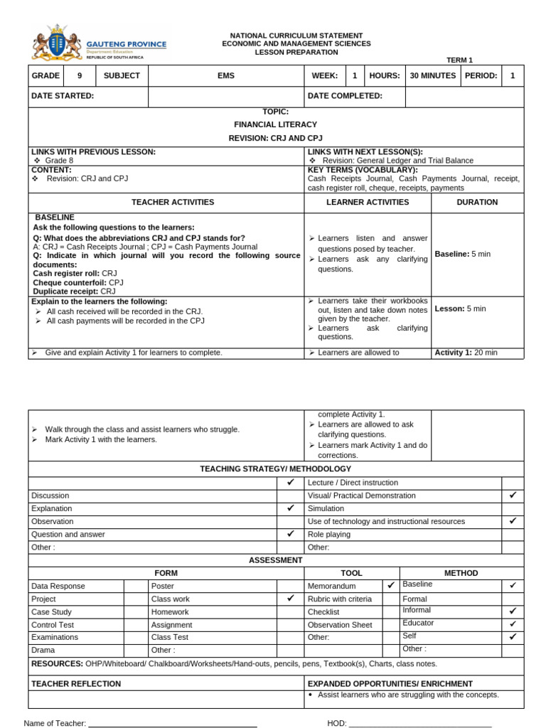 Grade 9 EMS Financial Literacy Lesson | PDF | Cheque | Learning