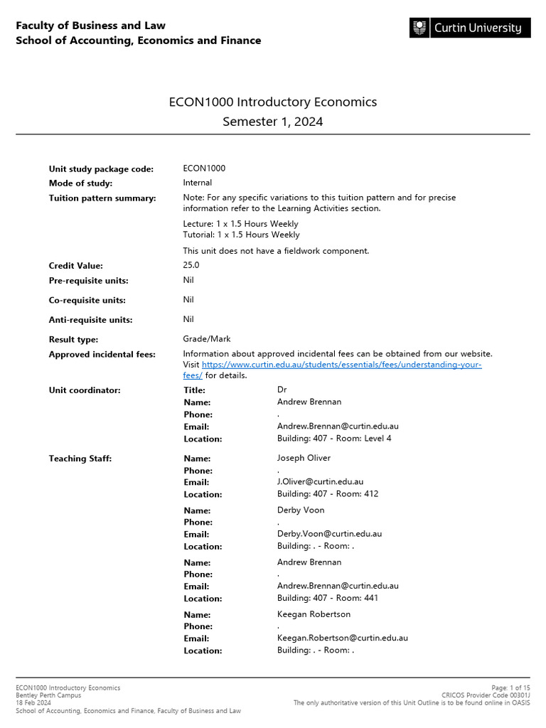 ECON1000 Introductory Economics Semester 1 2024 Bentley Perth Campus ...
