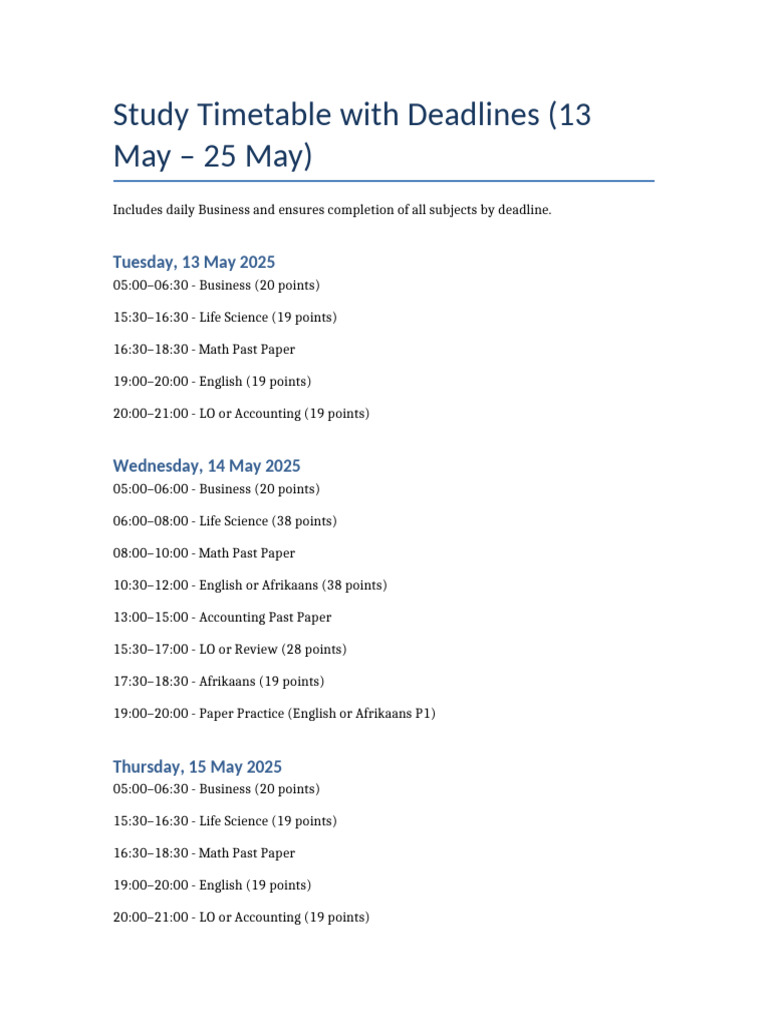 Final Study Timetable With Deadlines | PDF