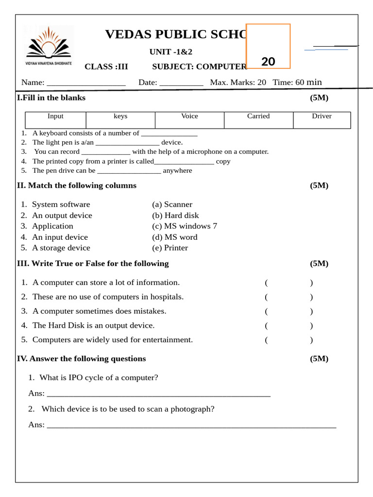 Class 3 Computer Exam Worksheet | PDF