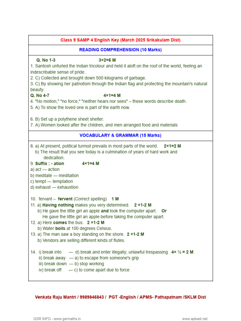 9th Calss English FA 4 Key Paper | PDF