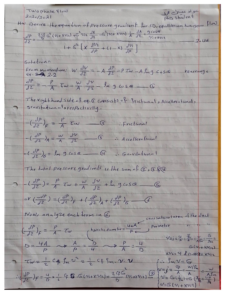 H. W. 2 Phase Flow. Ch. 2. Derivation of Eq. 2.44 | PDF