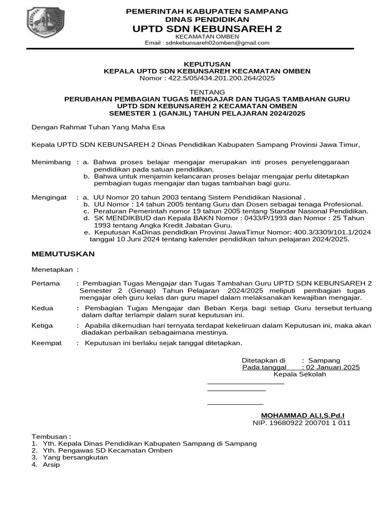 SK Pembagian Tugas Buat SD 2024-2025 Semester 1 | PDF