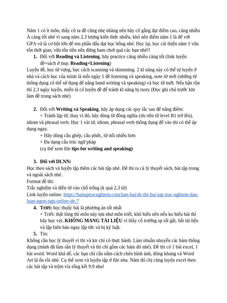 Tips Cho SV Năm 1 (HK2) | PDF