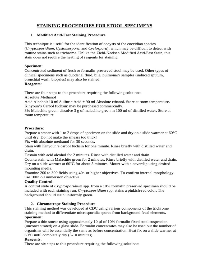 Staining Procedures For Stool Specimens | PDF | Staining | Ethanol