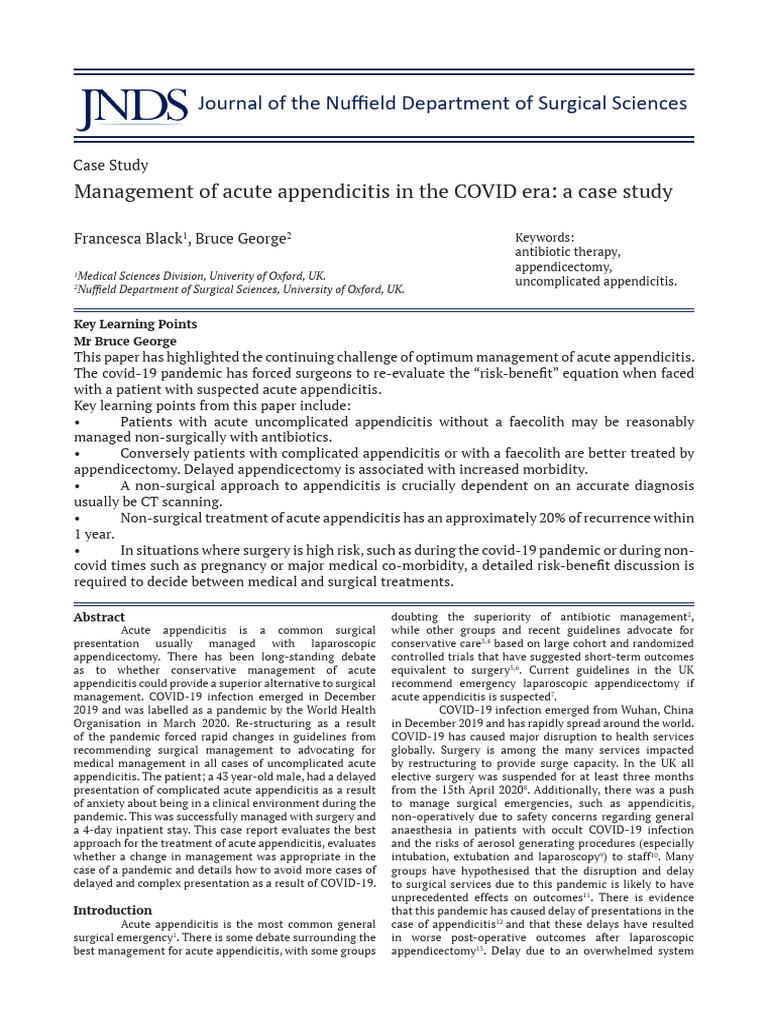 Acute Appendicitis Management During COVID-19 | PDF | Surgery | Medicine