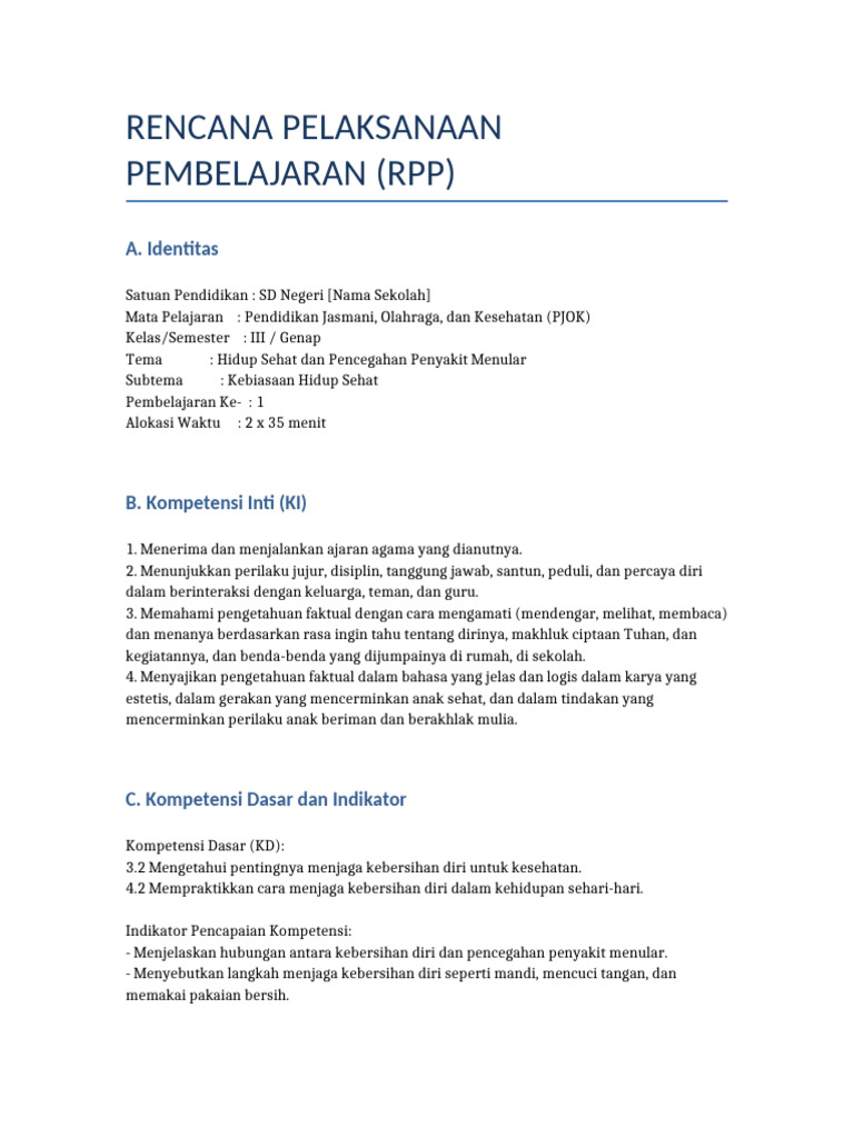 RPP PJOK Kelas3 Tema Penyakit Menular Full | PDF