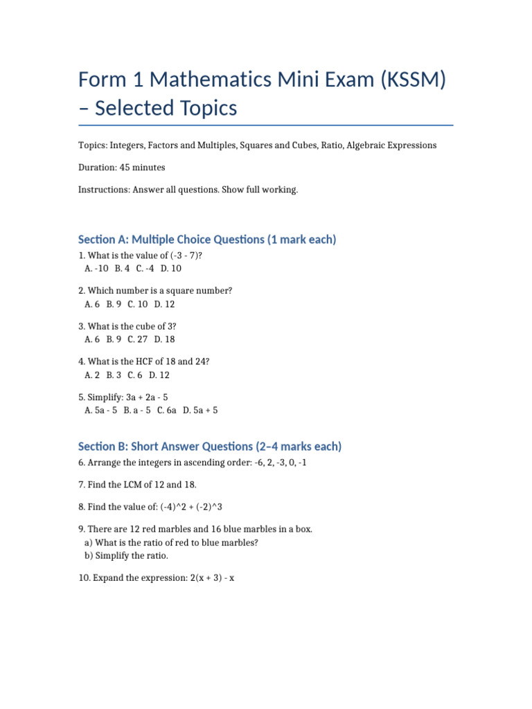 Form1 Math Exam Selected Topics | PDF