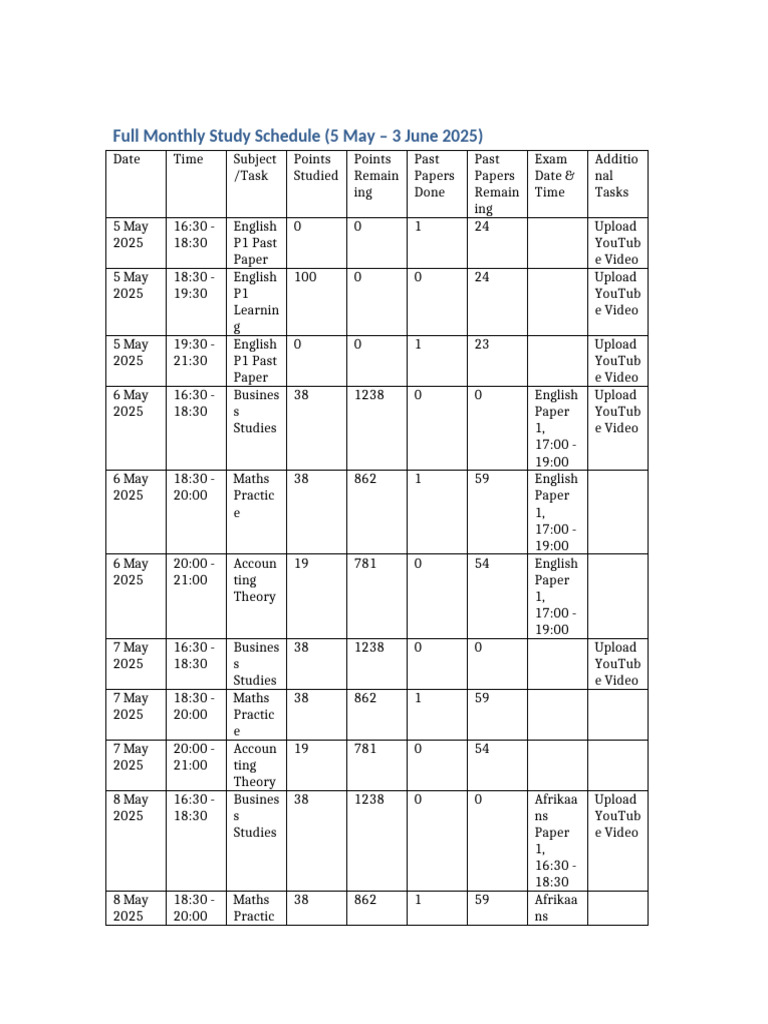 June 2025 Monthly Exam Schedule | PDF | Mathematics