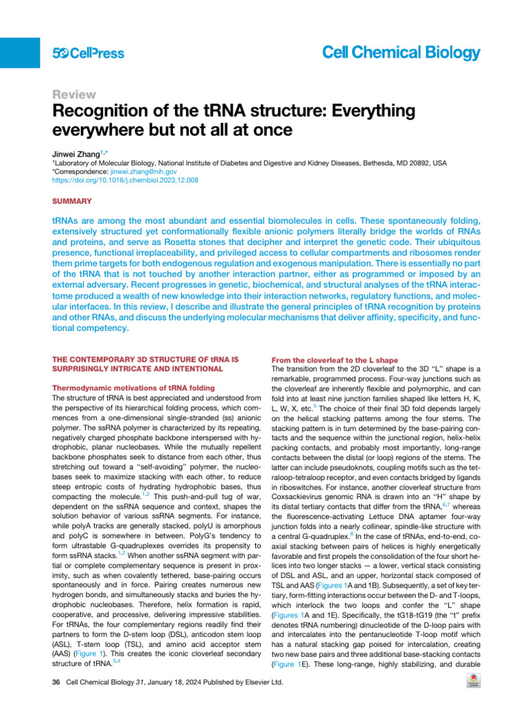Recognition of The tRNA Structure - Everything Everywhere But Not All ...