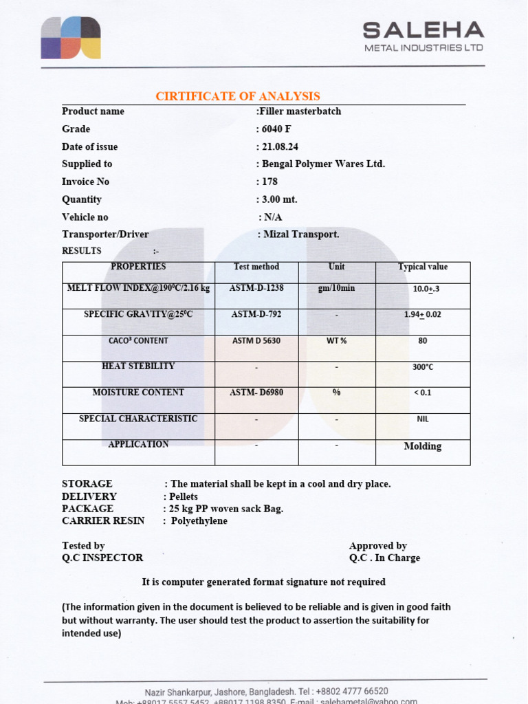 FMB-6040 F COA Bengal Polymer Ware | PDF