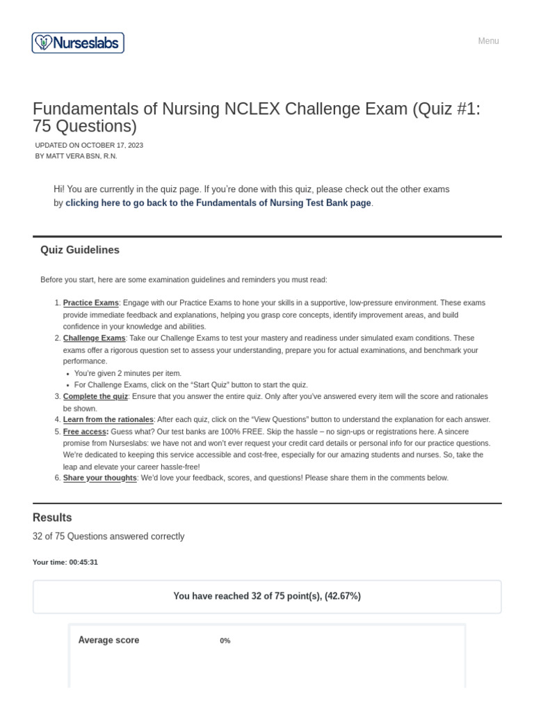 Fundamentals of Nursing NCLEX Challenge Exam (Quiz #1_ 75 Questions) - Nurseslabs | PDF | Sleep ...