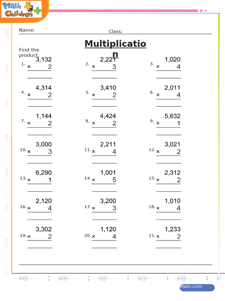 Multiplication by 1 Digit Numbers Worksheet | PDF